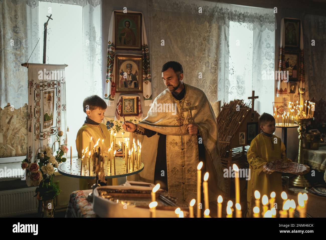Water consecration on the day of the Epiphany in a classroom of the ...