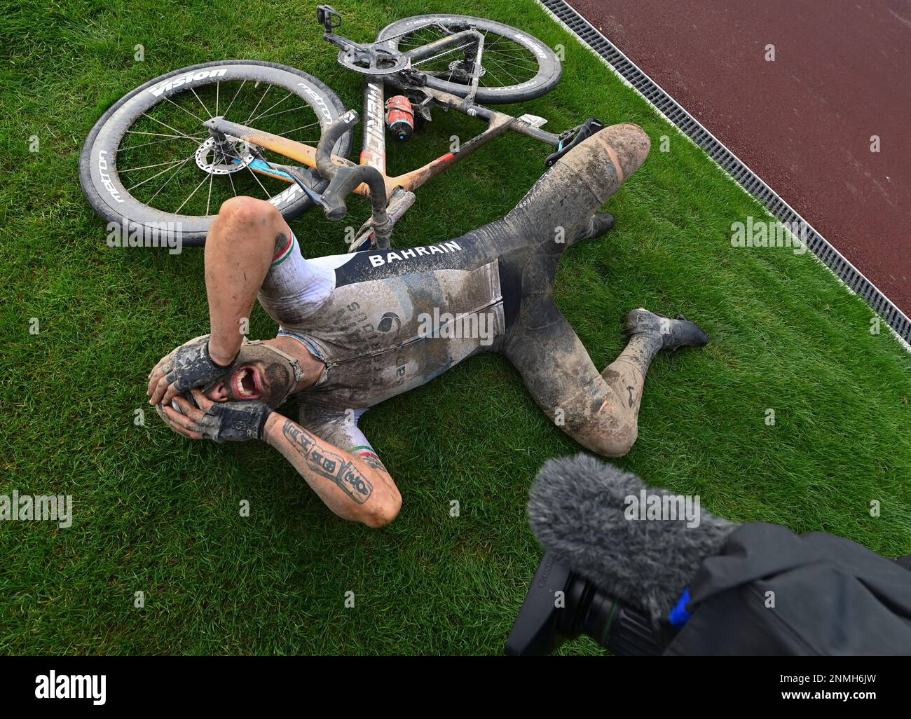Sonny Colbrelli of Italy celebrates winning the men's Paris Roubaix, a ...