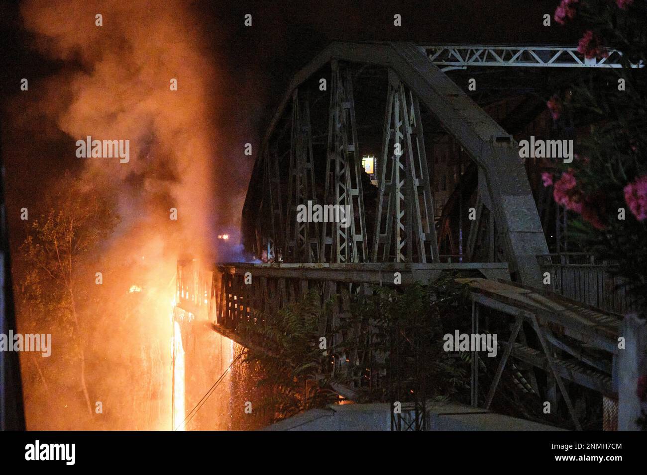 Flames engulf the Industry Bridge in Rome, early Sunday, Oct. 3, 2021 ...