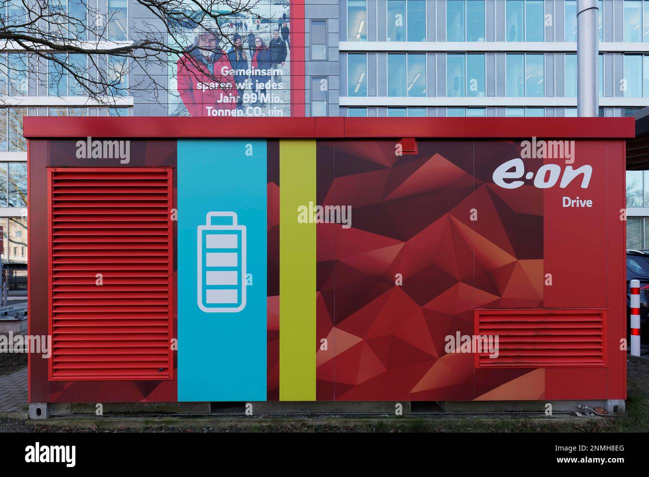Electric charging station with battery pictogram, E.ON AG Group headquarters, Essen, North Rhine ...