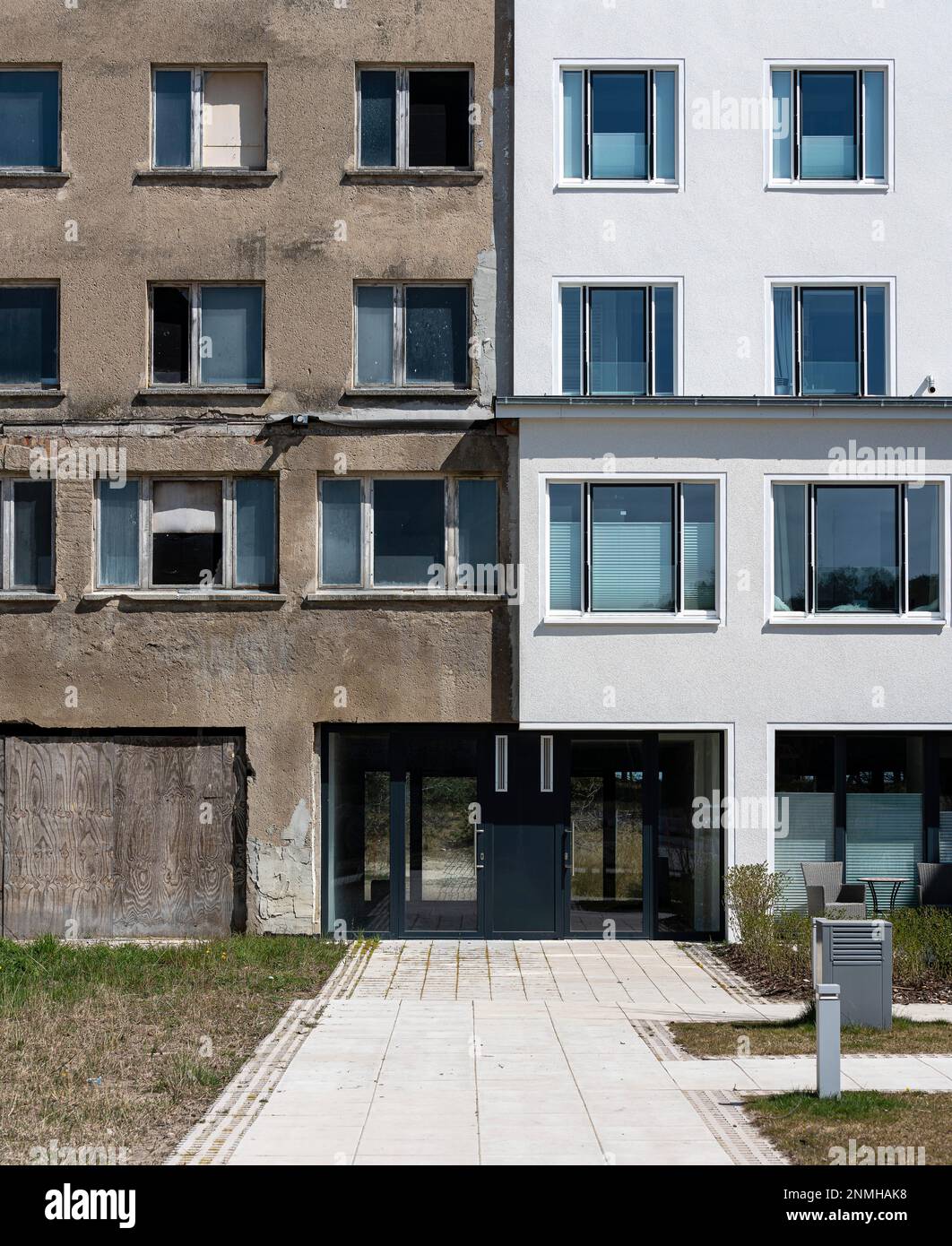 Old and modernised blocks of houses in Prora, Ruegen, Mecklenburg ...