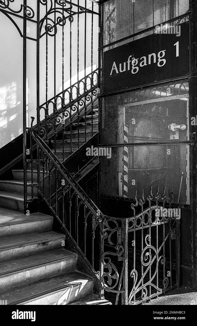 Decorated door of a historic lift in an old factory, Berlin, Germany ...