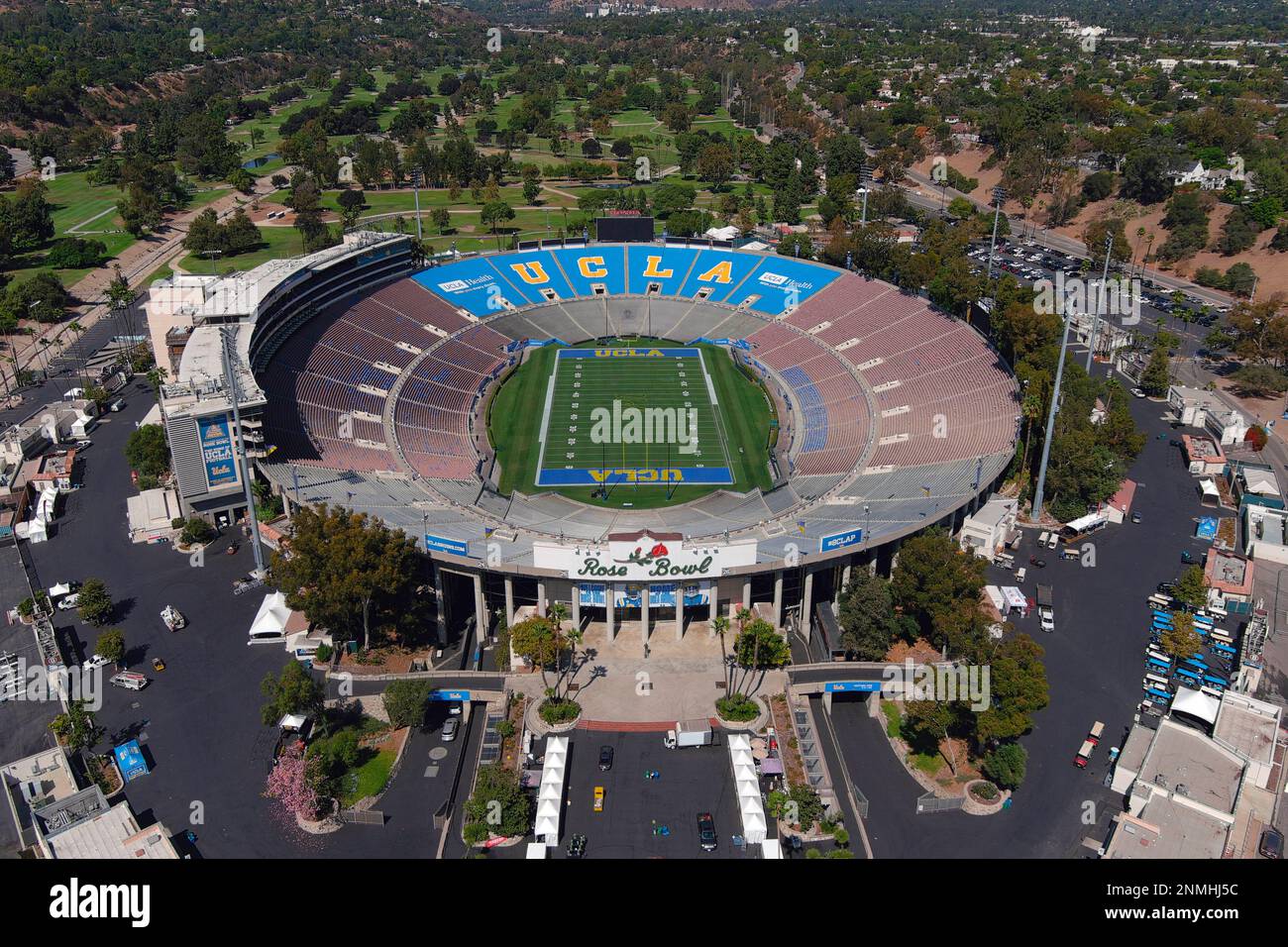 An aerial view of the Rose Bowl stadium, Friday, Oct. 1, 2021, in ...