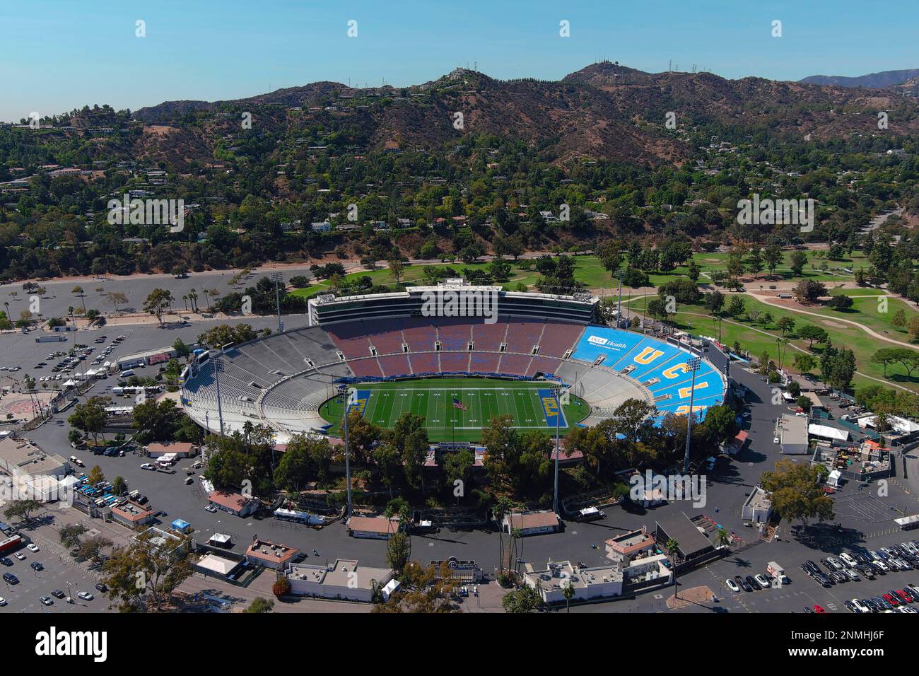 An aerial view of the Rose Bowl stadium, Friday, Oct. 1, 2021, in ...
