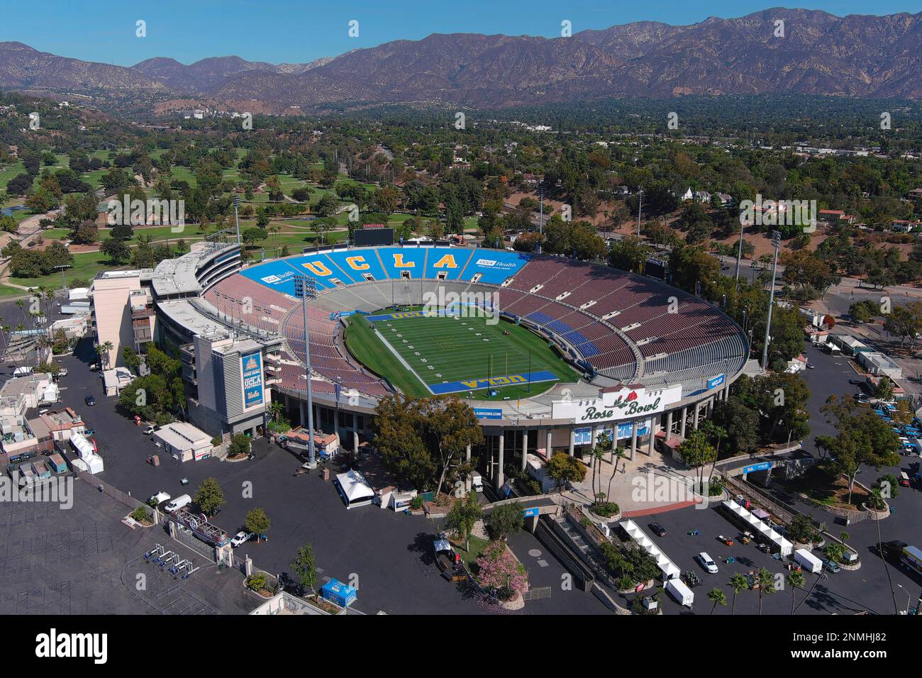 An aerial view of the Rose Bowl stadium with the San Gabriel Mountains ...