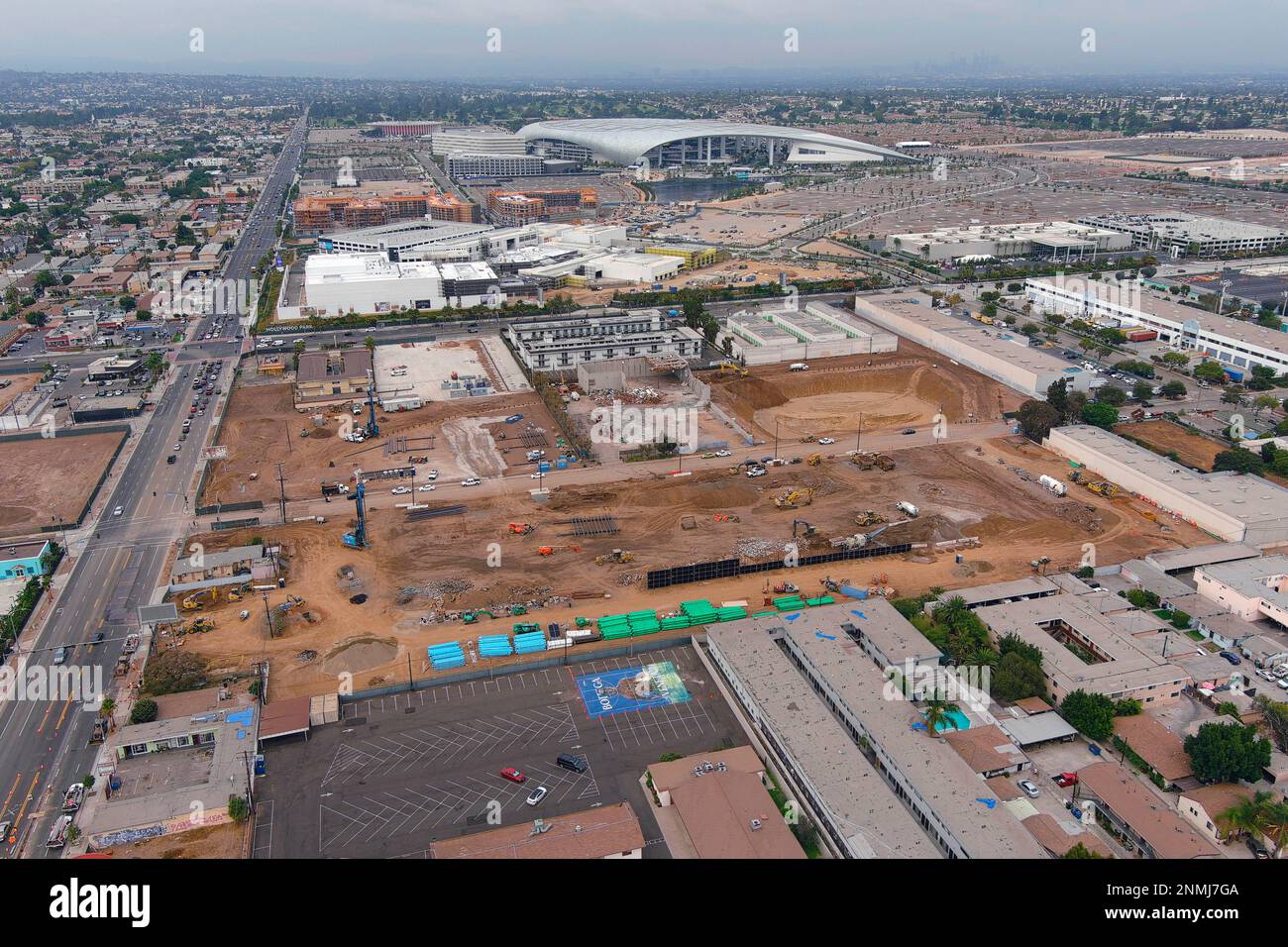 An aerial view of the Intuit Dome construction site with SoFi Stadium ...