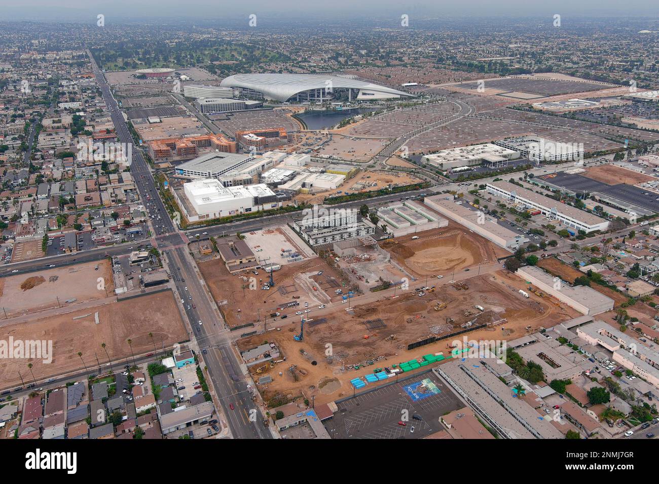 An aerial view of the Intuit Dome construction site with SoFi Stadium ...