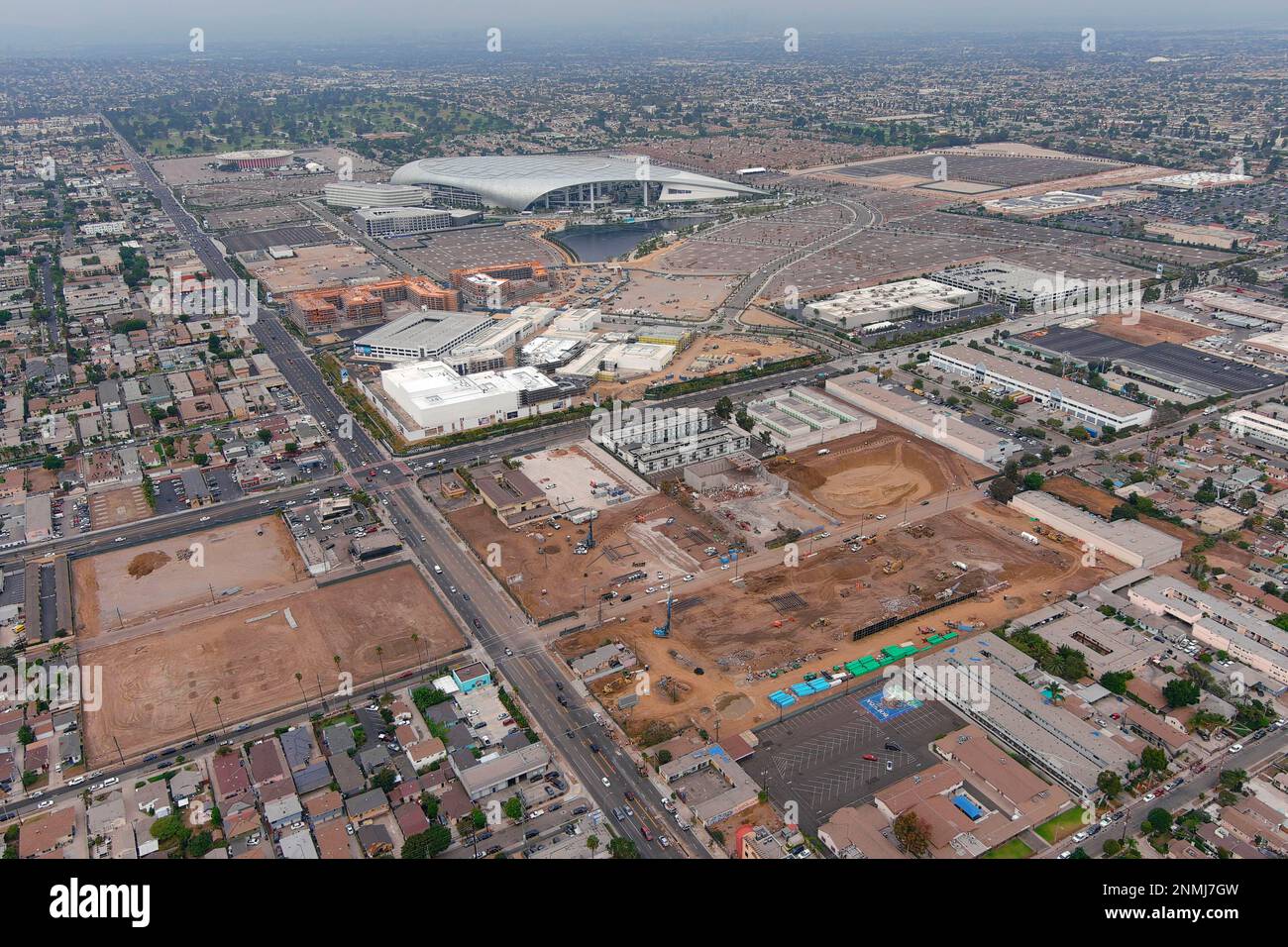 An aerial view of the Intuit Dome construction site with SoFi Stadium ...