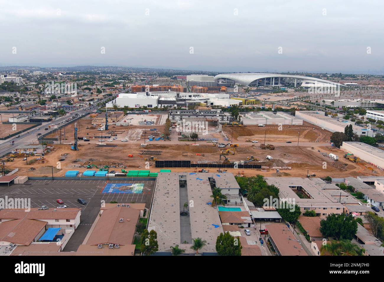 An aerial view of the Intuit Dome construction site with SoFi Stadium ...
