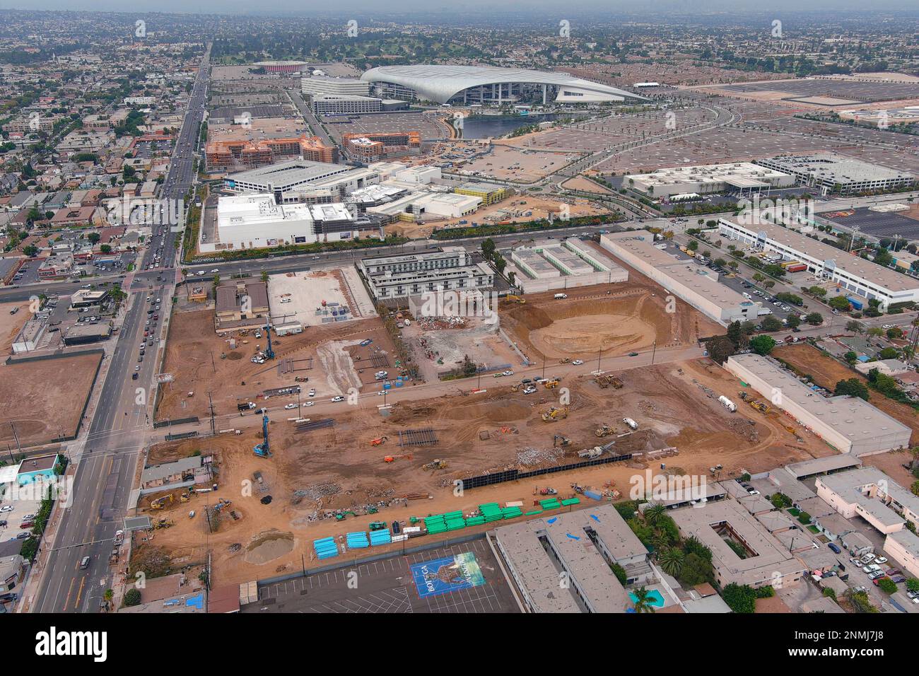 An aerial view of the Intuit Dome construction site with SoFi Stadium ...