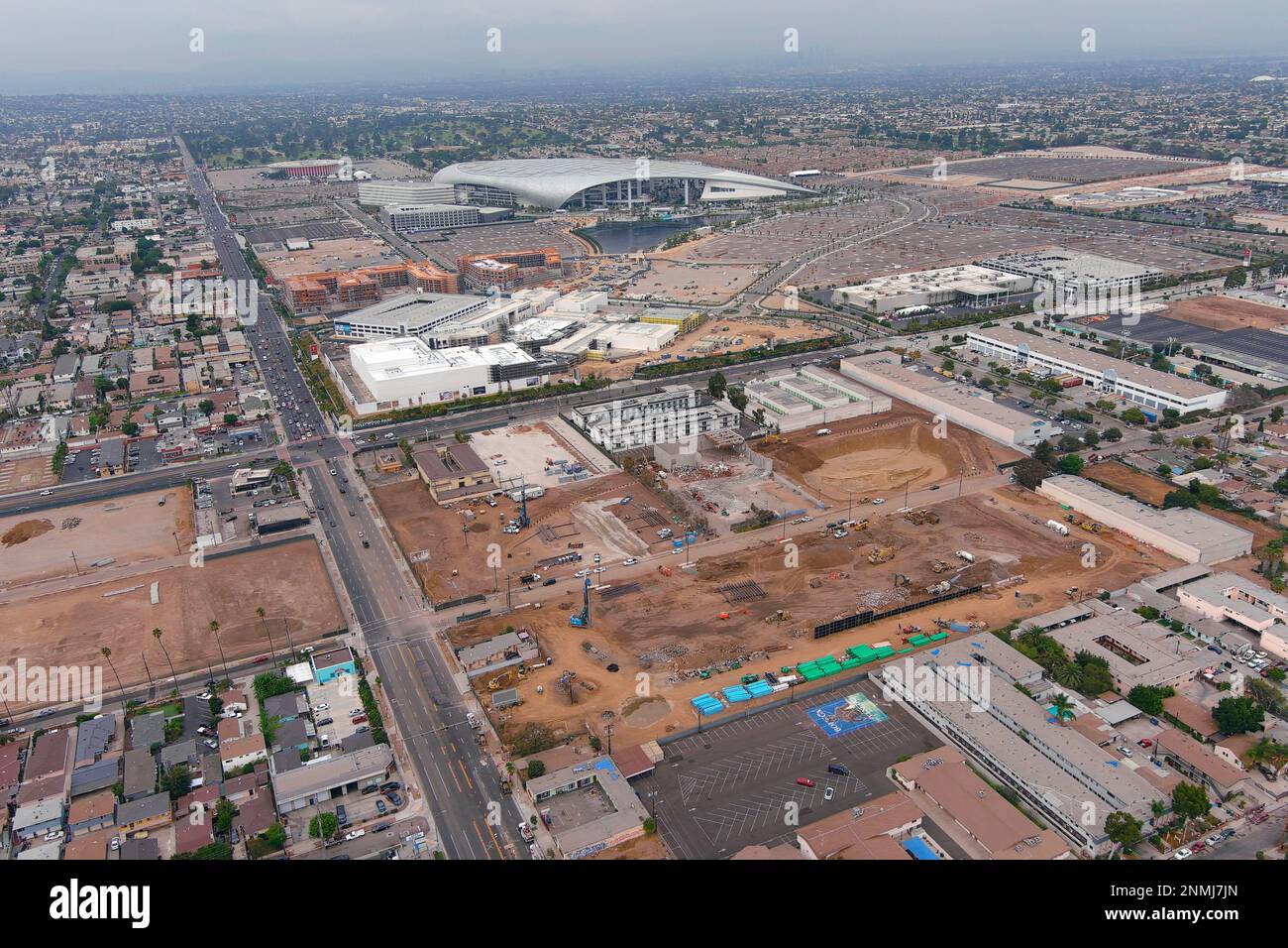 An aerial view of the Intuit Dome construction site with SoFi Stadium ...