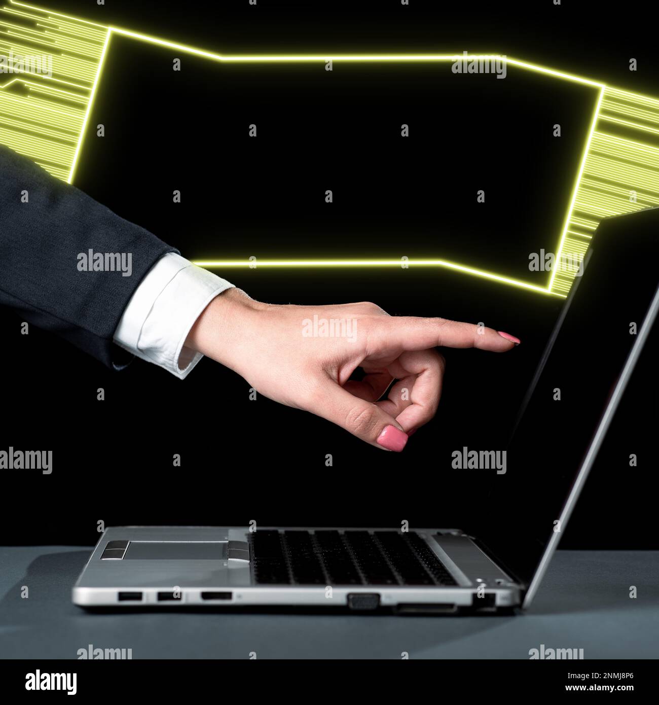 Finger pointing to laptop screen with important technology news ...