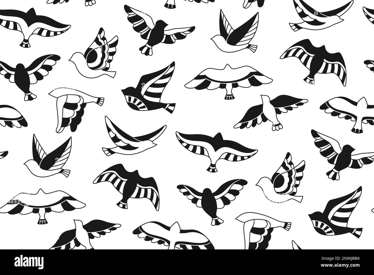 Flock of birds flying in sky seamless pattern. Flying bird dove abstract ornament stylized ...