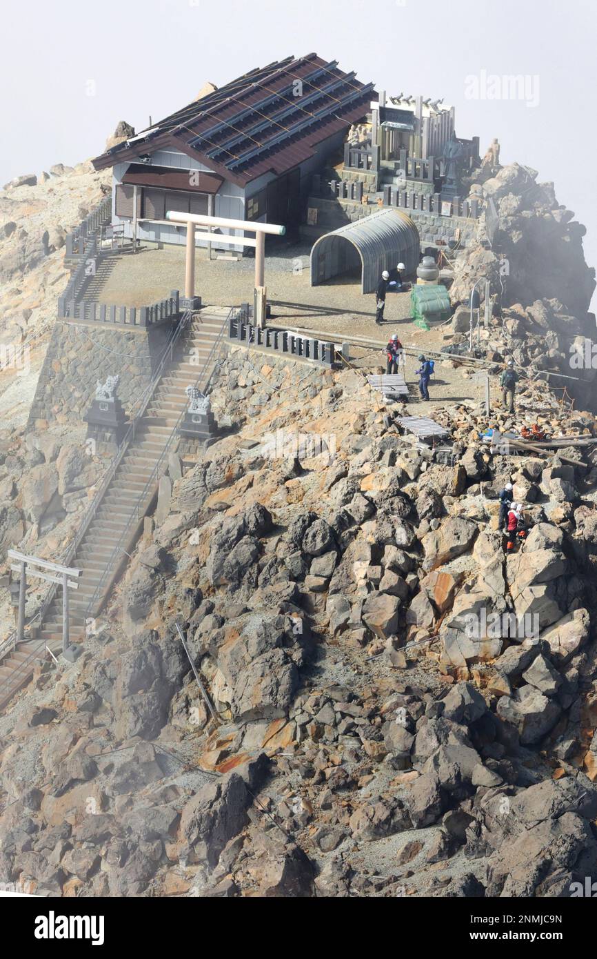 An aerial photo shows a part of Mt. Ontake which straddles Nagano and ...