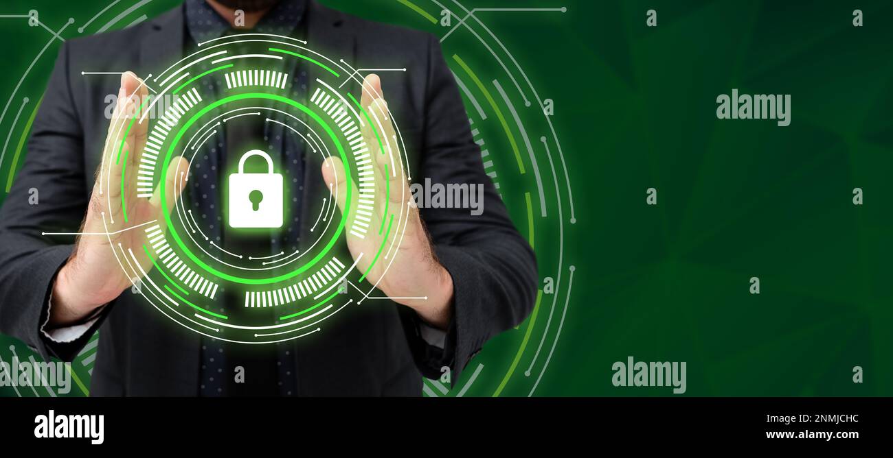Man in black office shirt standing and holding important technological ...