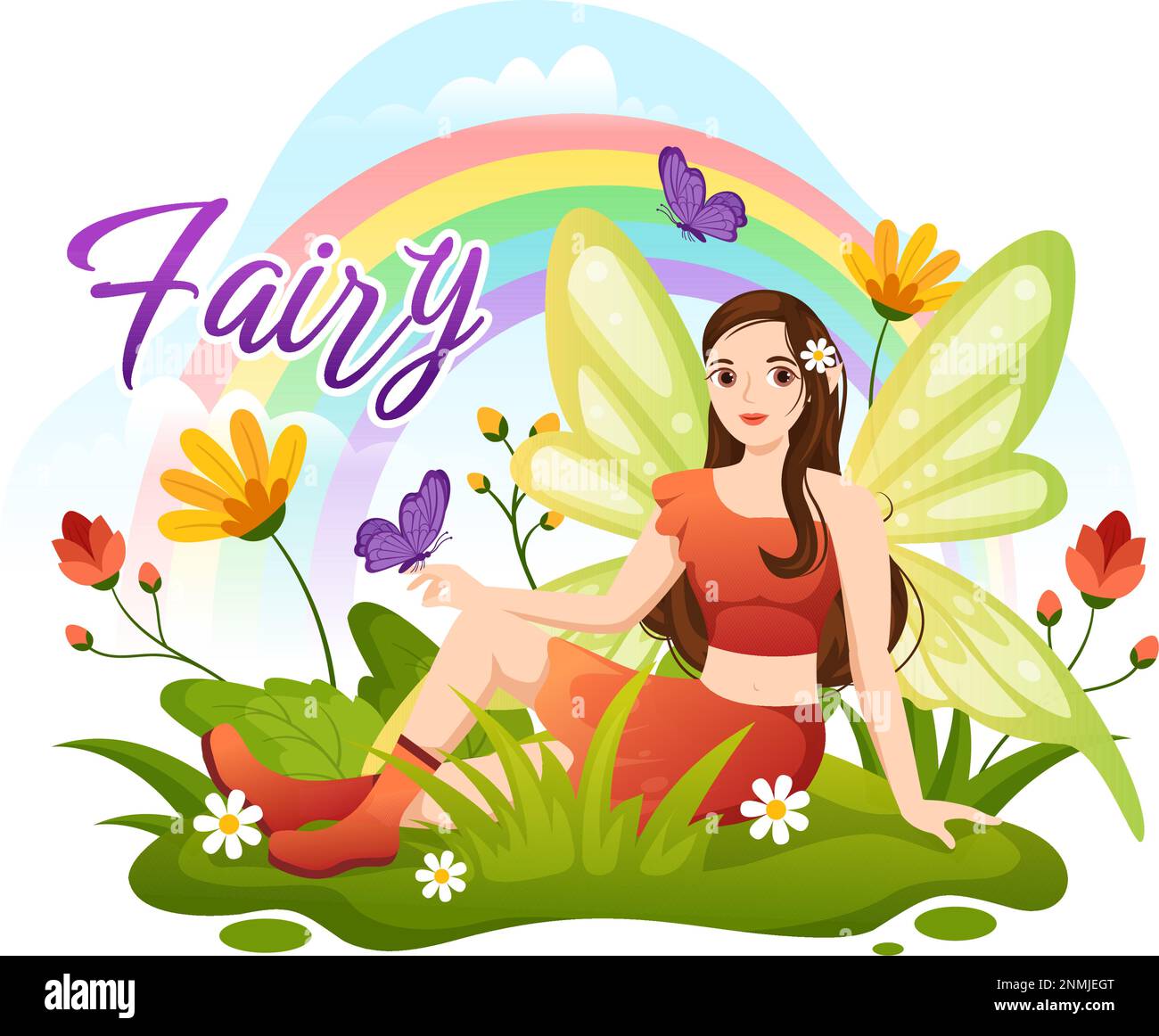Beautiful Flying Fairy Illustration with Elf, Landscape Tree and Green ...