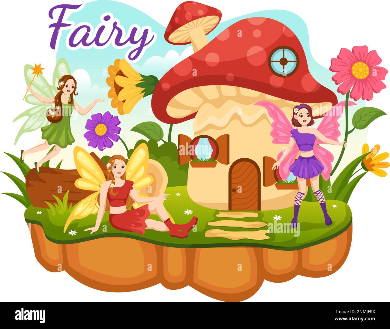 Beautiful Flying Fairy Illustration with Elf, Landscape Tree and Green ...