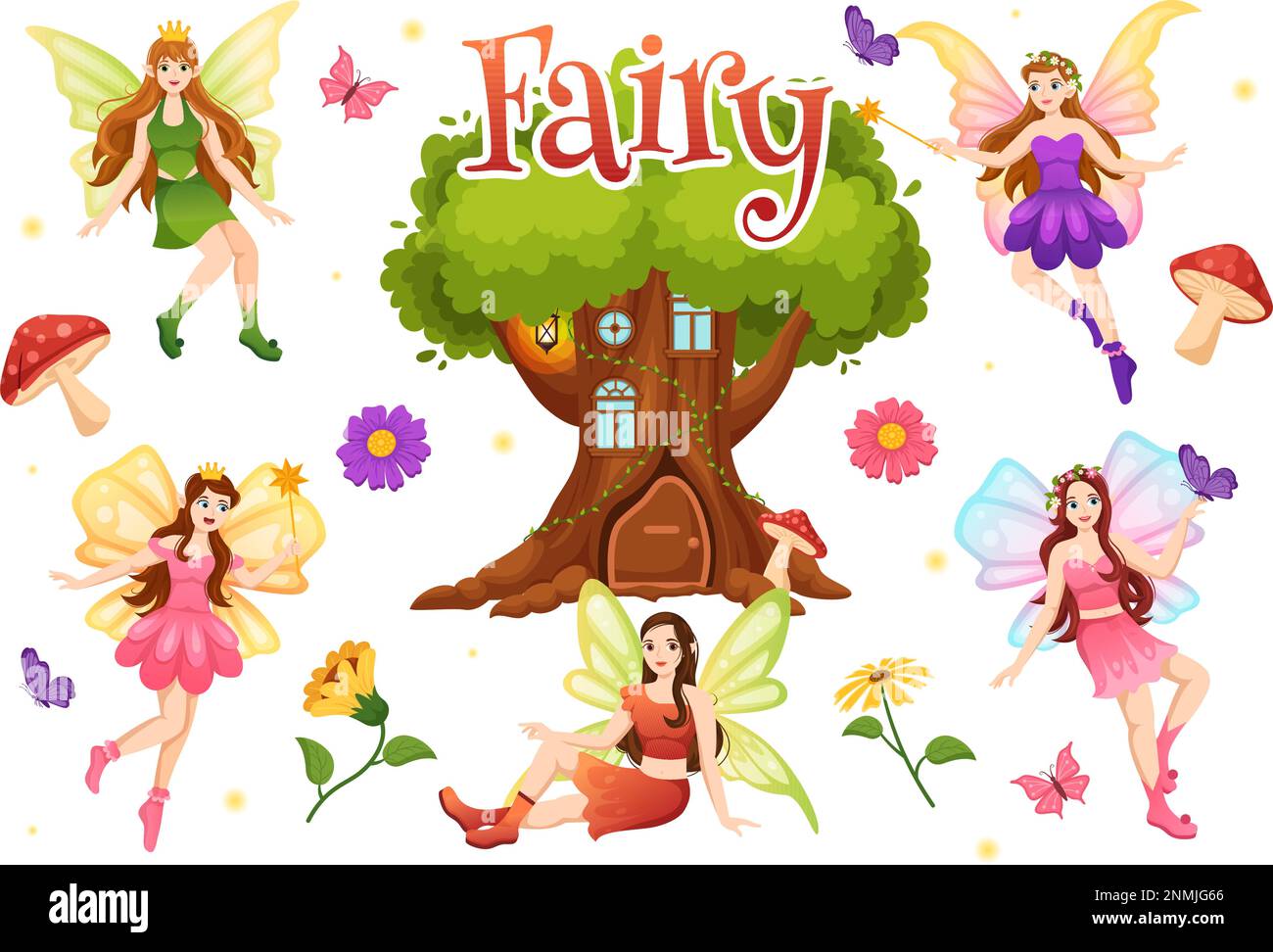 Beautiful Flying Fairy Illustration with Elf, Landscape Tree and Green ...
