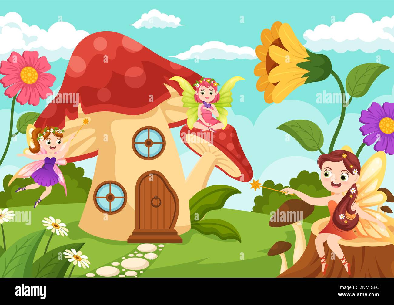 Beautiful Flying Fairy Illustration with Elf, Landscape Tree and Green ...