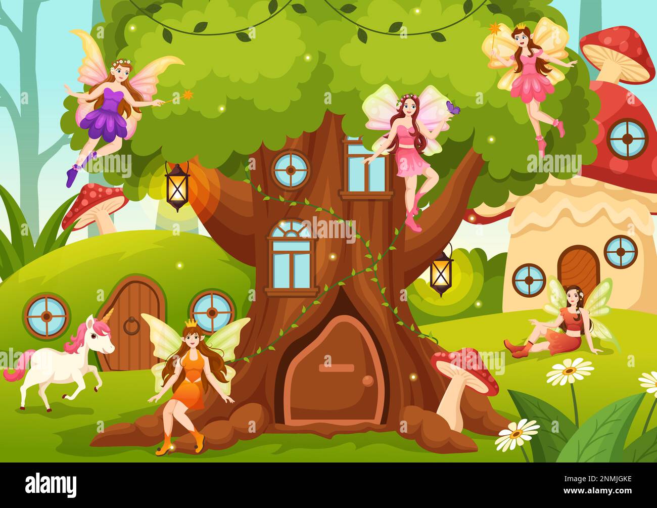 Beautiful Flying Fairy Illustration with Elf, Landscape Tree and Green ...