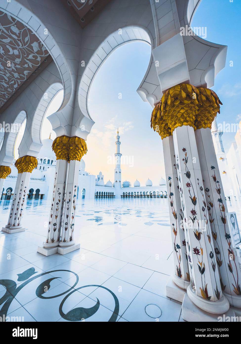 Sheikh Zayed Grand Mosque hallway corridor during sunset, in Abu Dhabi ...