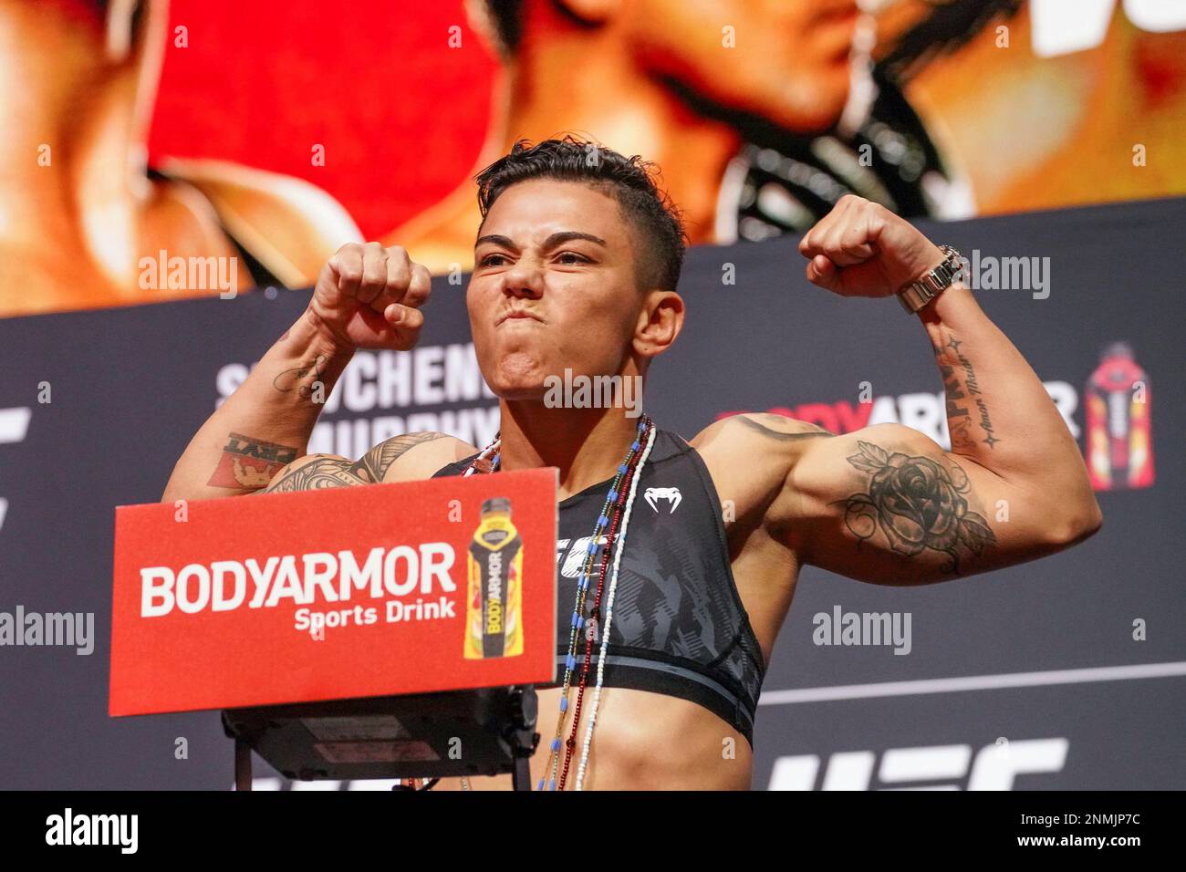 LAS VEGAS, NV - SEPTEMBER 24: Jessica Andrade steps on the scale at the ...