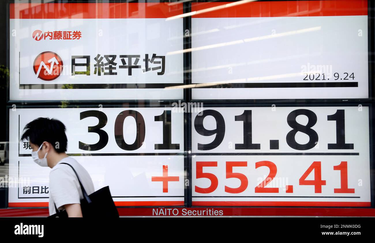 An electric board shows Nikkei stock average soaring in Chuo Ward ...