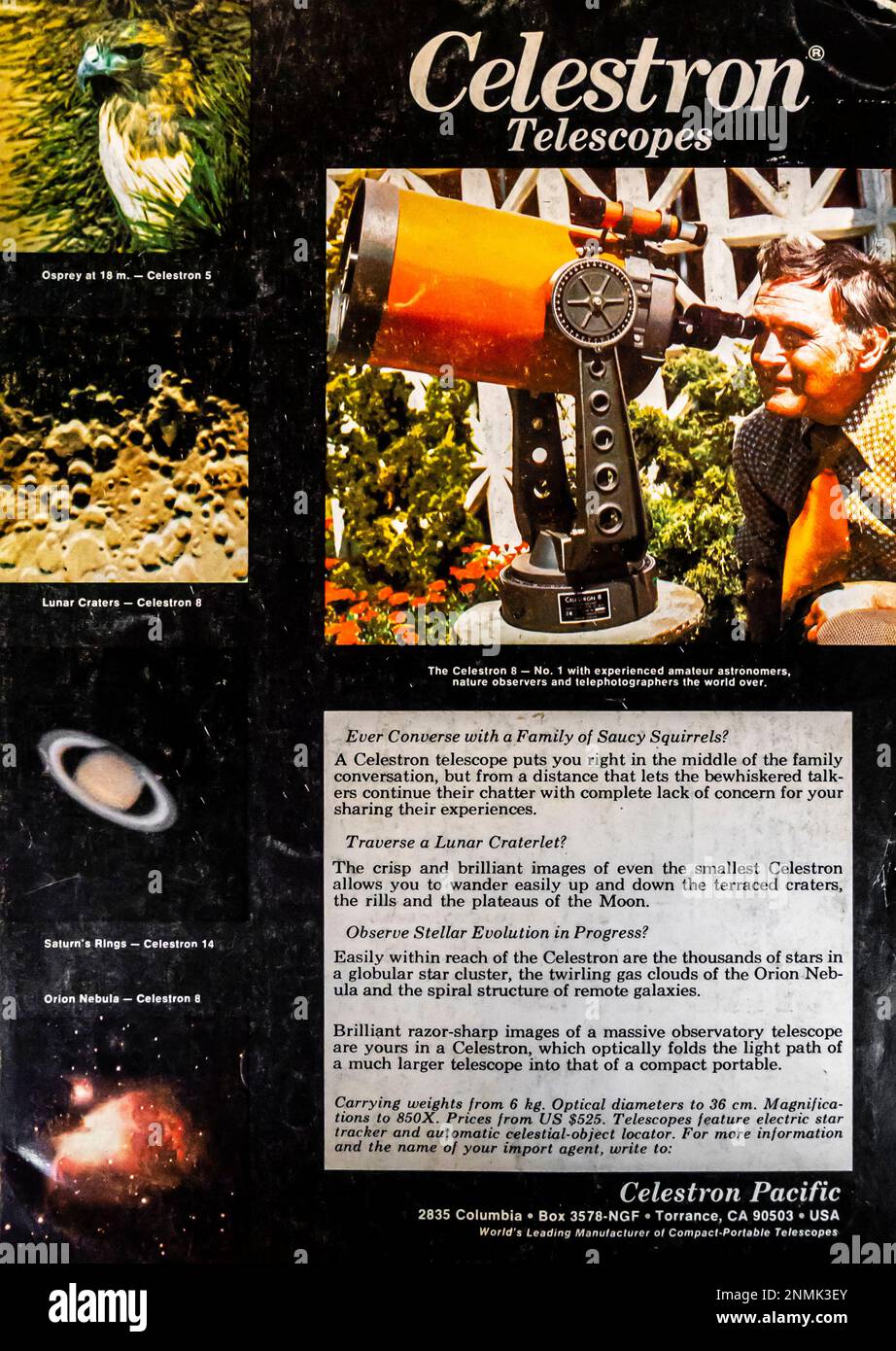 Celestron telescopes advert in a Natgeo magazine, August 1975 Stock ...