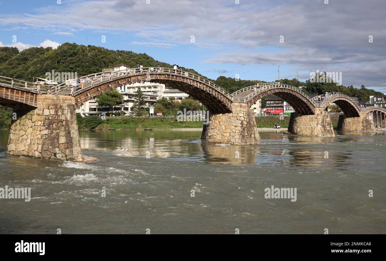 A picture shows the Kintaikyo Bridge, one of the most famous wooden ...