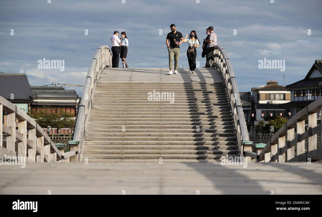 A picture shows the Kintaikyo Bridge, one of the most famous wooden ...