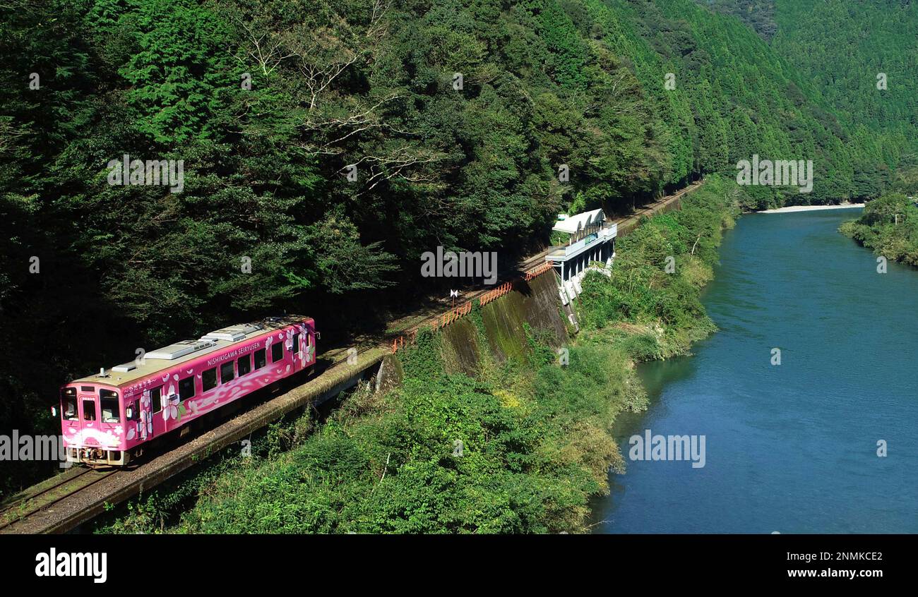 A drone photo shows Seiryu Miharashi Station on the Nishikigawa Seiryū ...