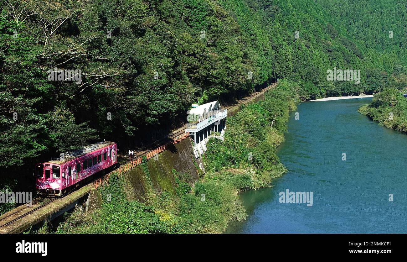 A drone photo shows Seiryu Miharashi Station on the Nishikigawa Seiryū ...