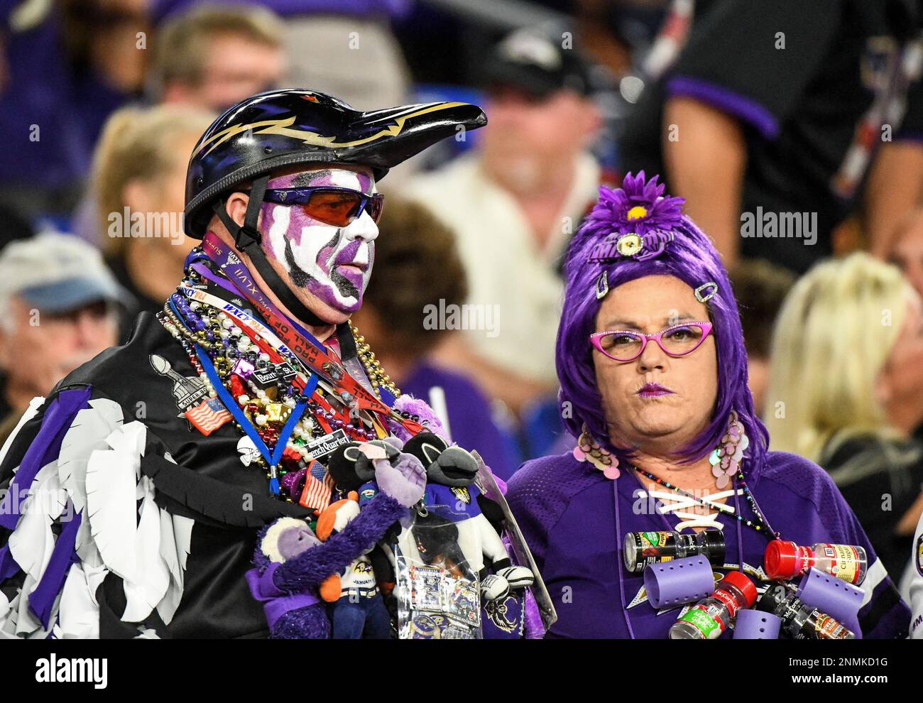 BALTIMORE, MD - SEPTEMBER 19: Two Baltimore Ravens fans in the stands ...
