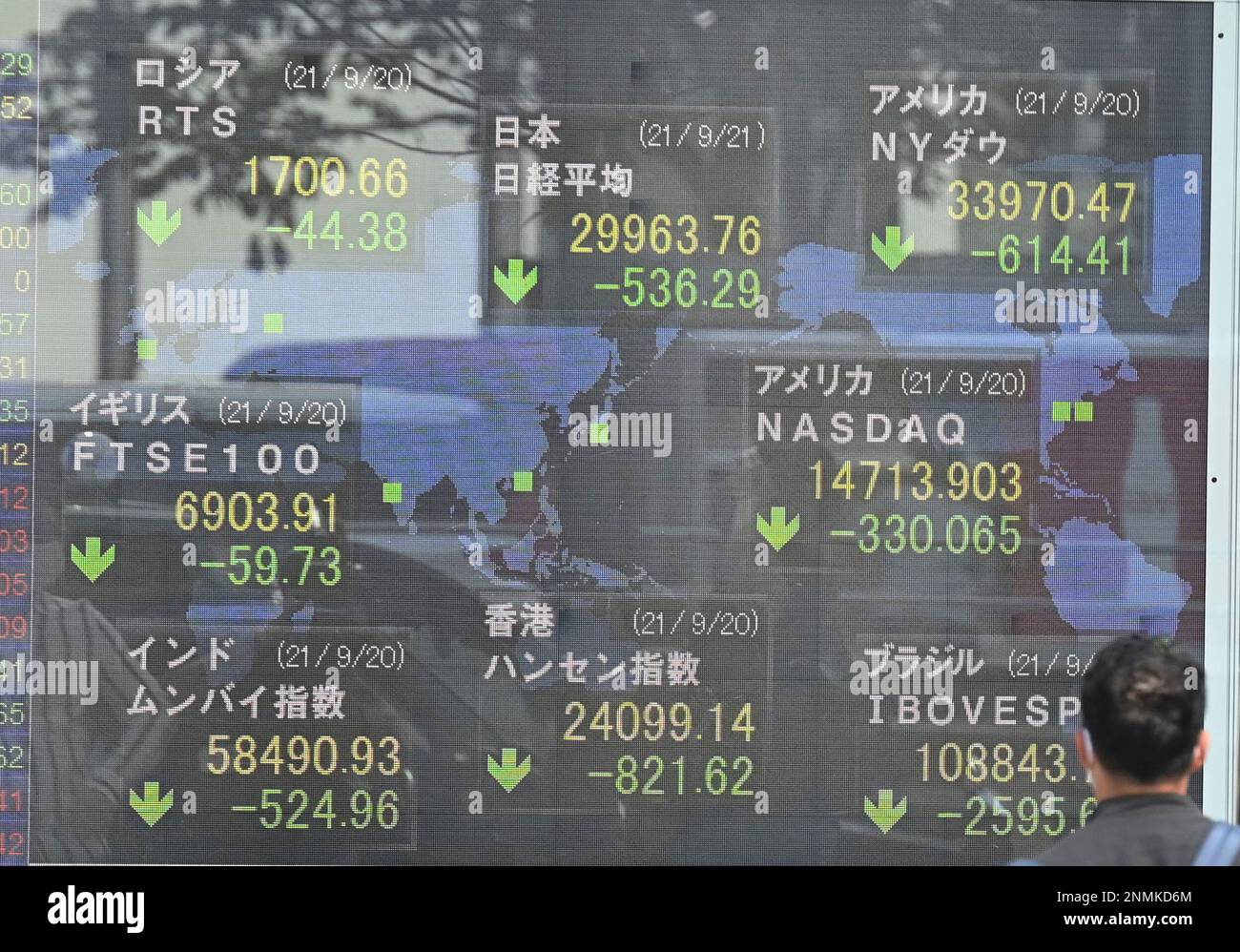 An electric board shows the Nikkei Stock Average price (upper middle ...
