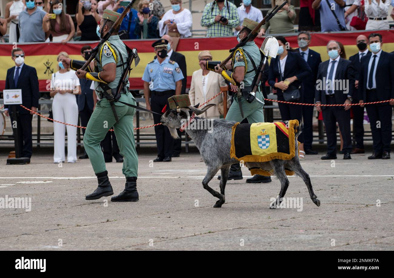 Two legionnaires walk with the legion's goat during the act of the ...