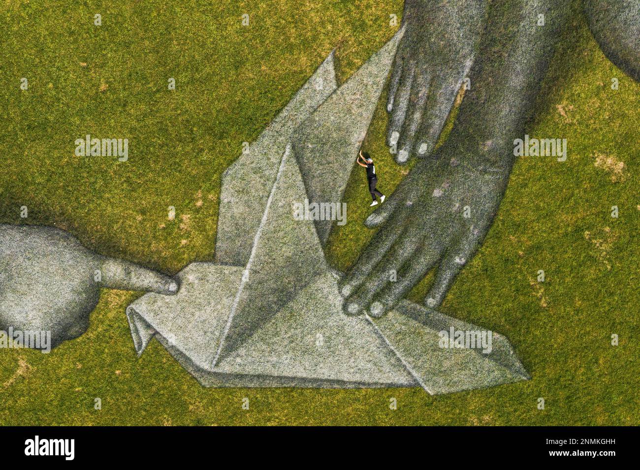 Swiss-French artist Saype (Guillaume Legros) poses in his giant ...