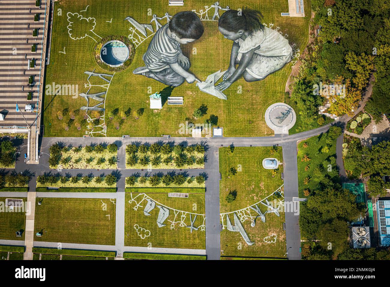An aerial view shows the giant ephemeral landart painting entitled "World in Progress II" by ...