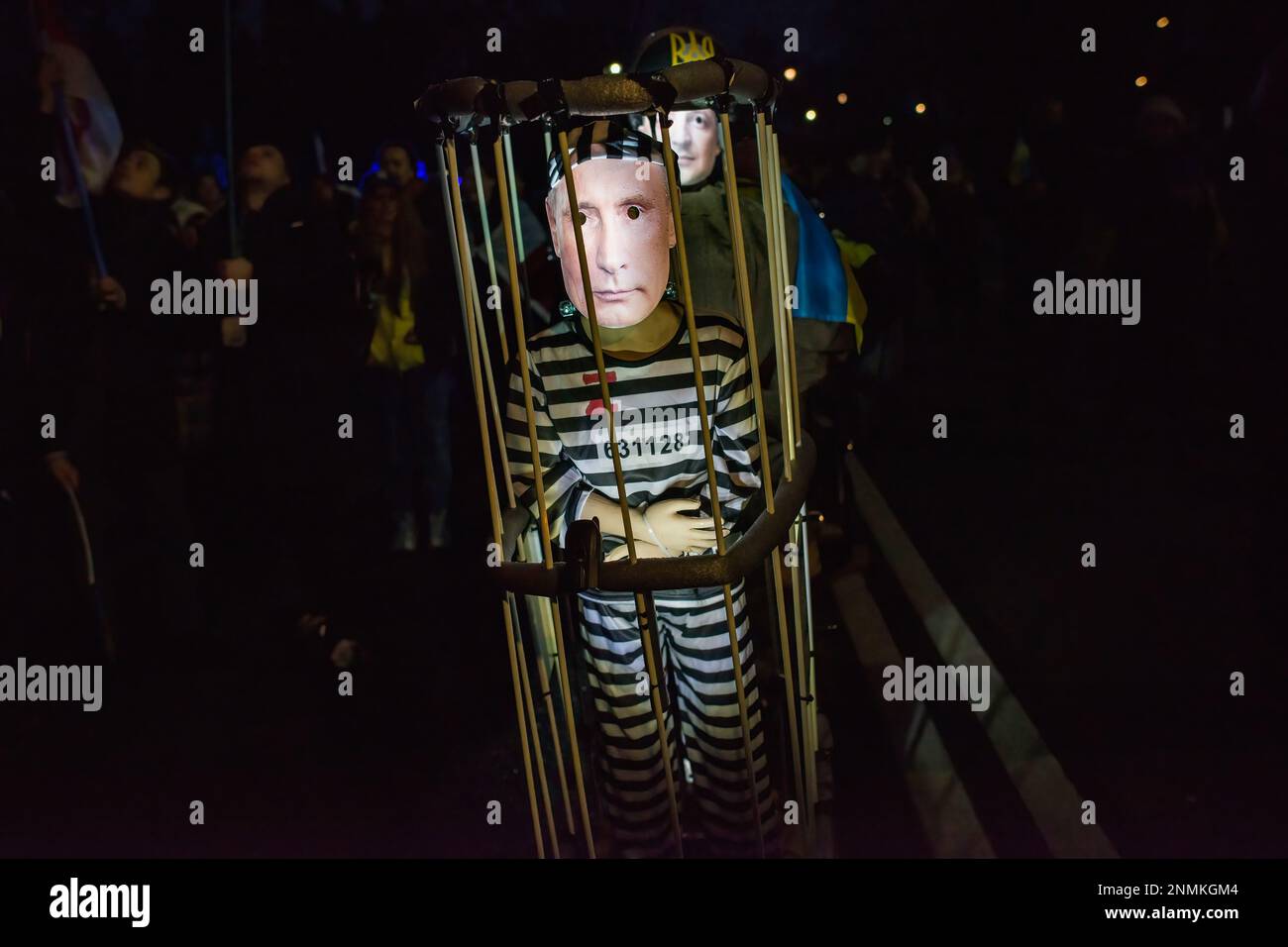 A puppet depicting Vladimir Putin is seen in a cage during the anti-war ...