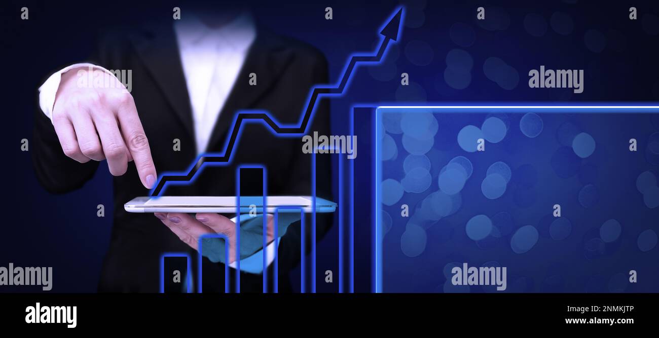 Lady In Office Suit Standing Pressing Virtual Button With Finger ...