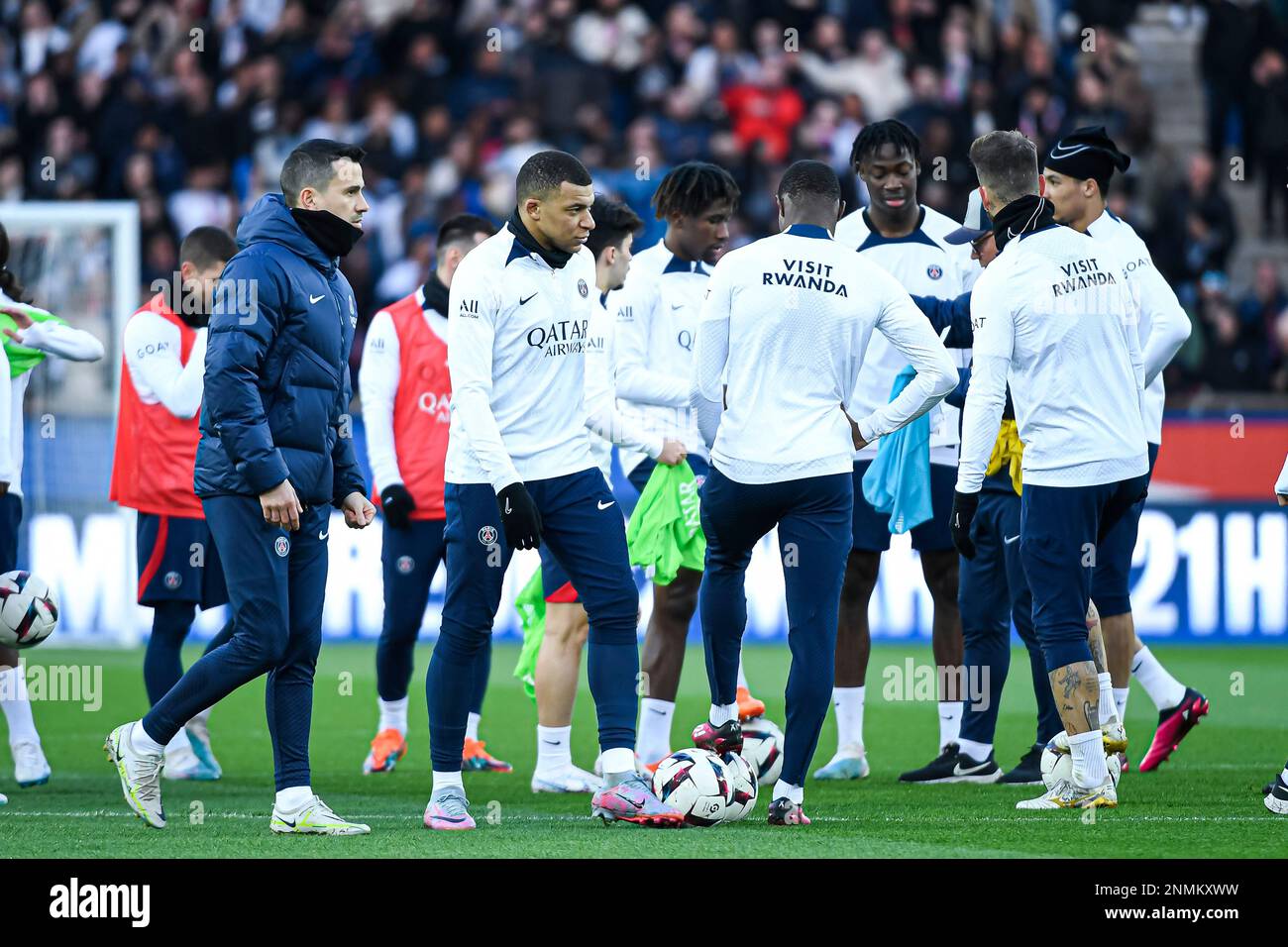 Kylian Mbappe and players (group) during the public training of the ...
