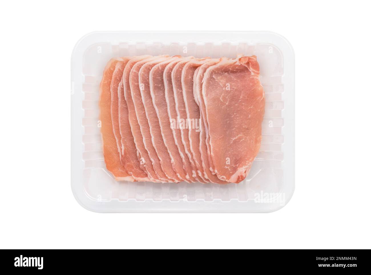 Fresh thin sliced pork in a white plastic tray, top view image of fresh ...