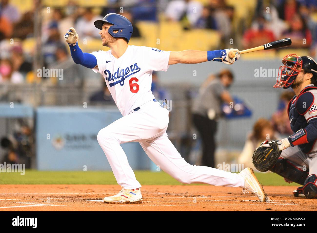 LOS ANGELES, CA - AUGUST 31: Los Angeles Dodgers second baseman Trea Turner (6) swings at a ...