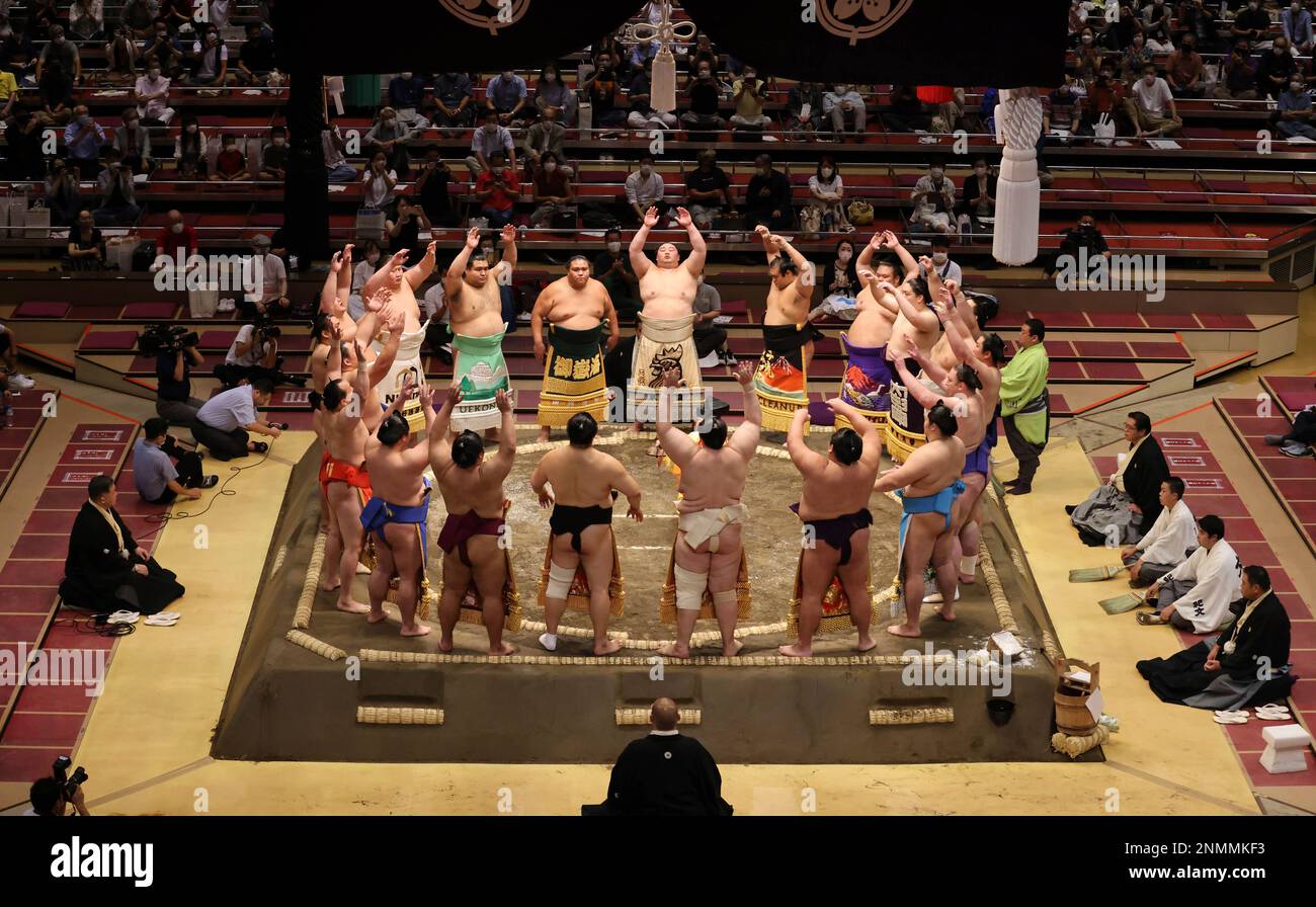 Grand sumo wrestlers, show their performance on a dohyo, ring at ...