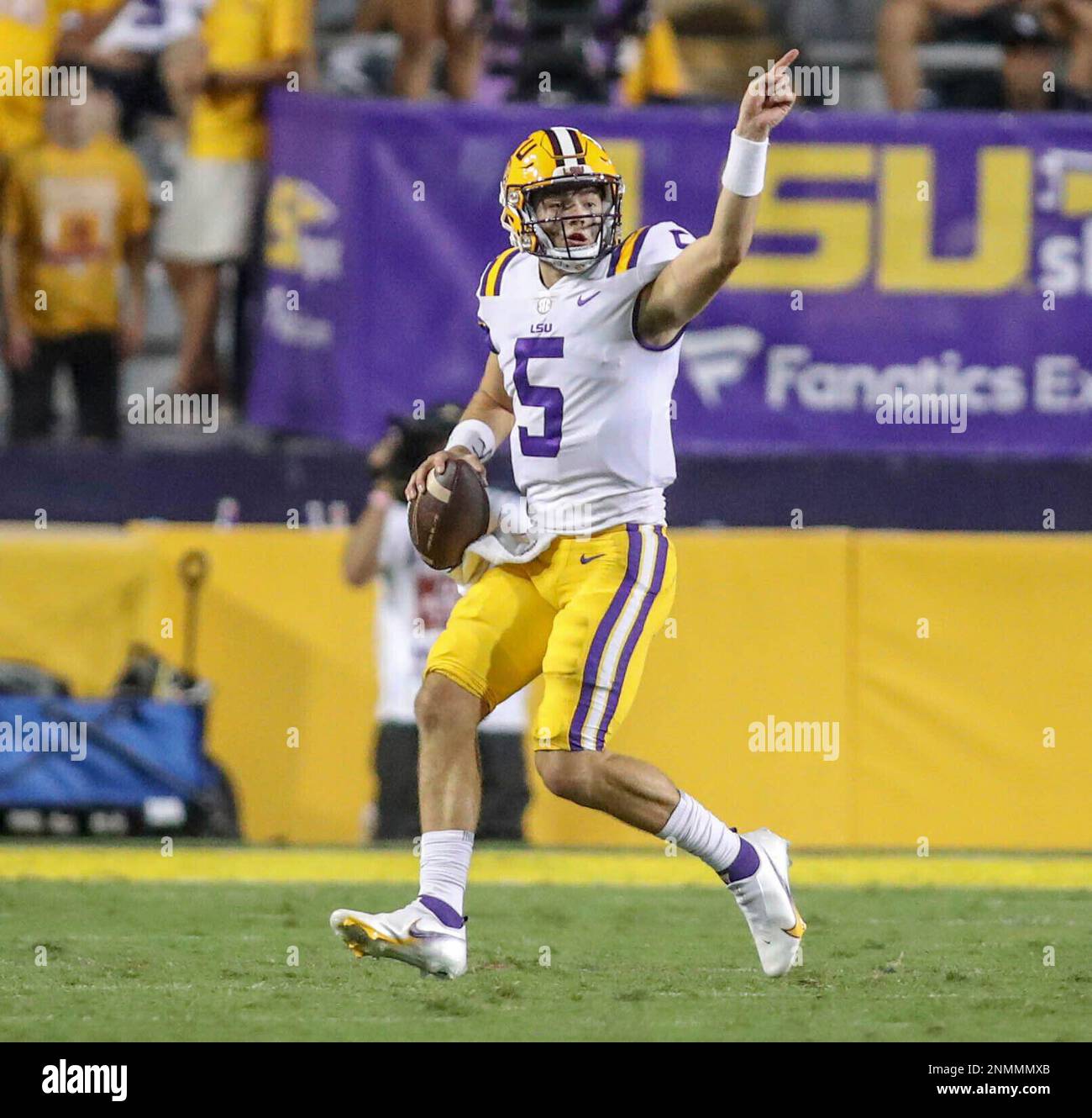 September 11, 2021: LSU quarterback Garrett Nussmeier (5) rolls out of ...