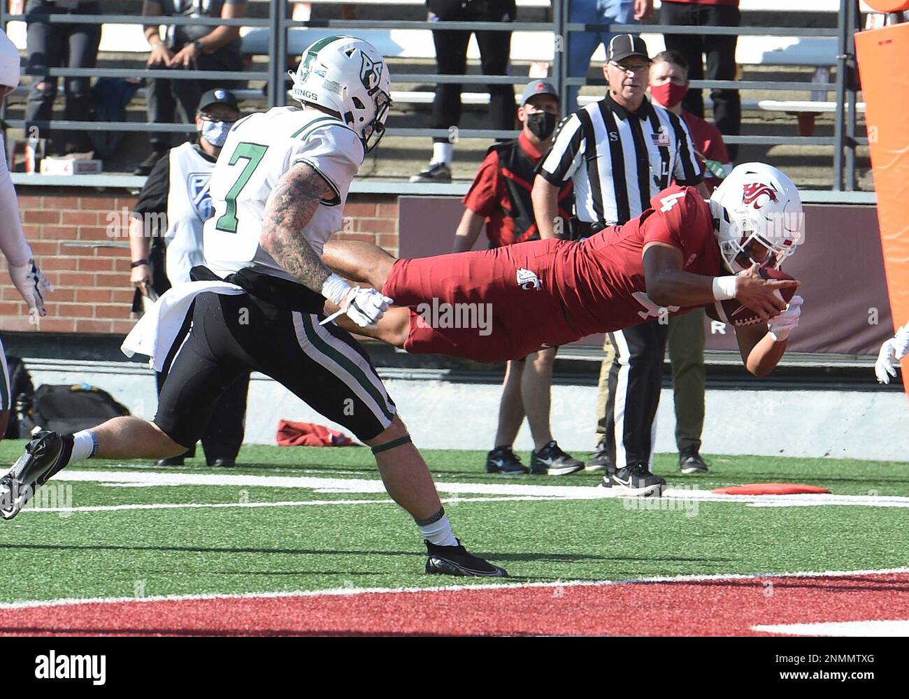 PULLMAN, WA - SEPTEMBER 11: WSU quarterback Jayden de Laura (4) dives ...