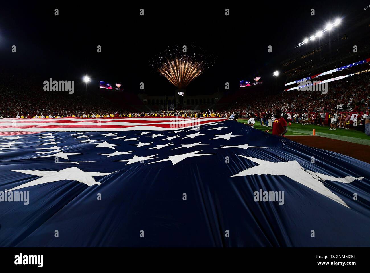 LOS ANGELES, CA - SEPTEMBER 11: A large USA flag on the field while ...