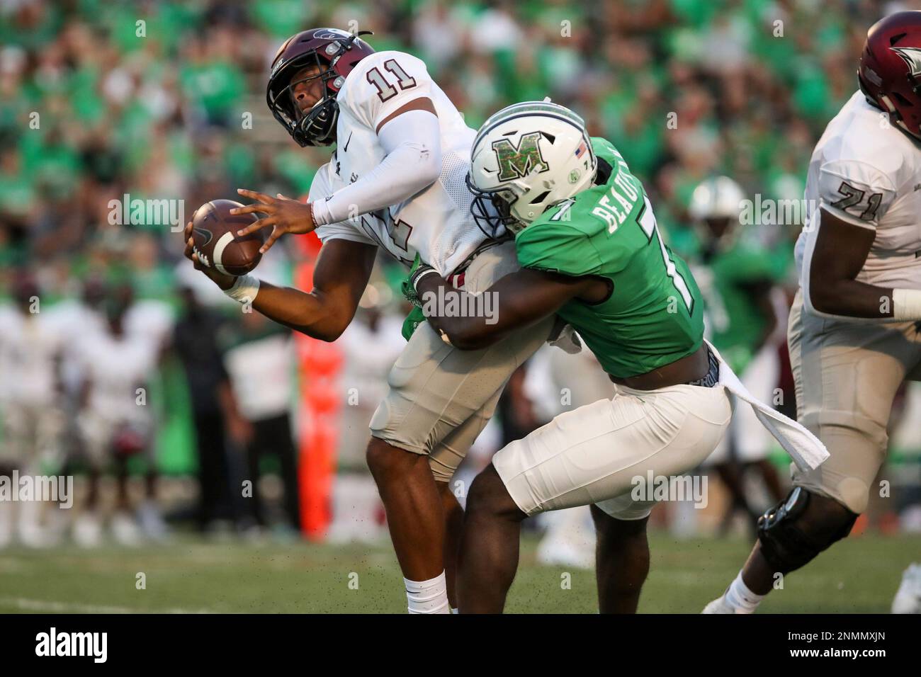 Marshall's Abraham Beauplan (7) sacks North Carolina Central ...