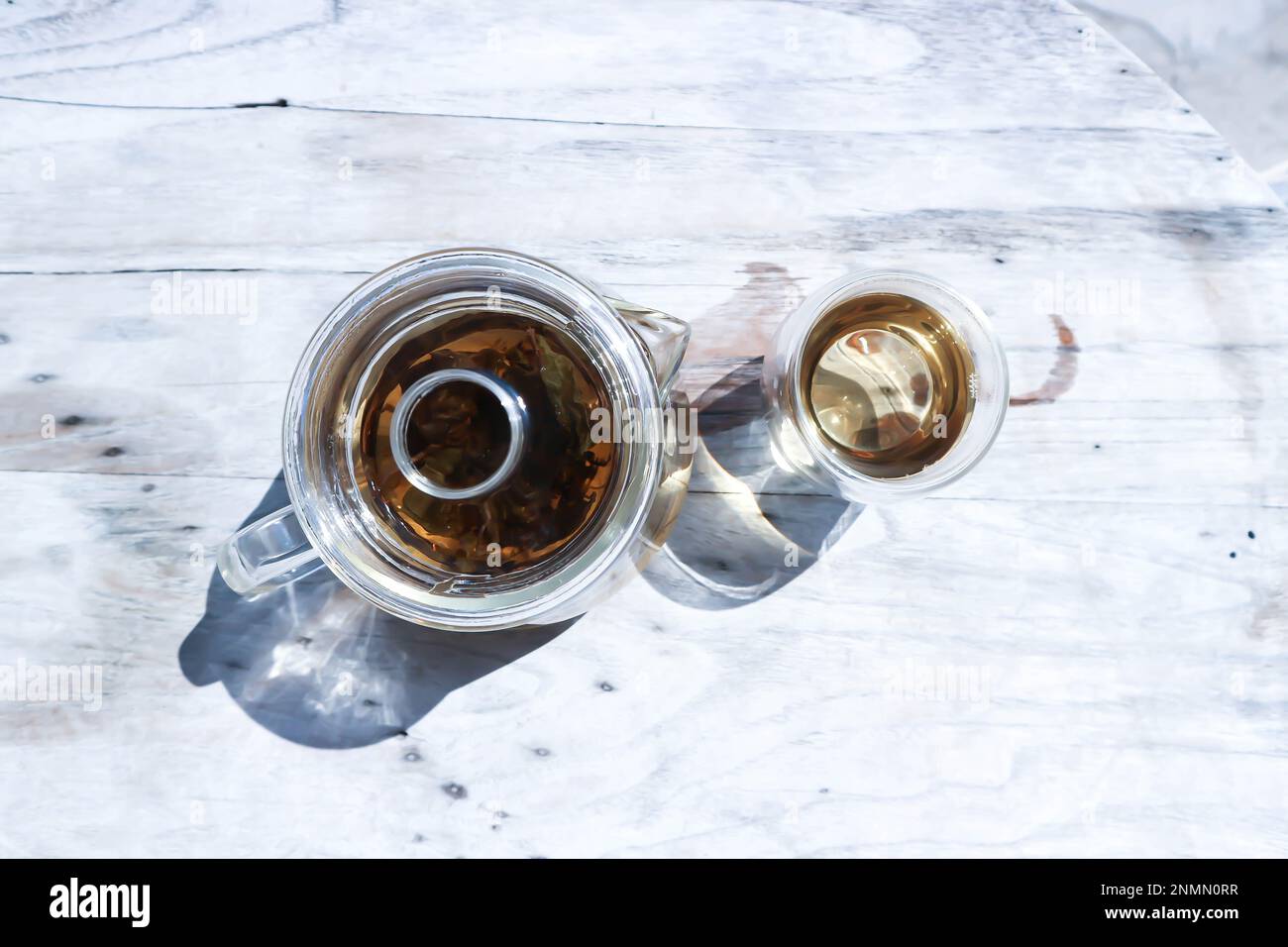 tea and teapot on the table, top view Stock Photo - Alamy