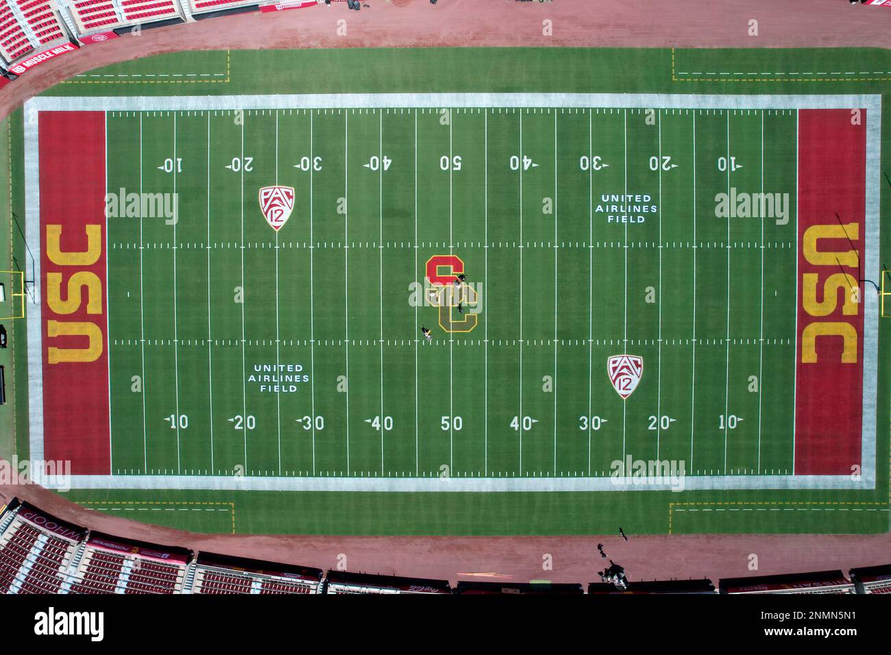 An aerial view of the Los Angeles Memorial Coliseum football field as ...
