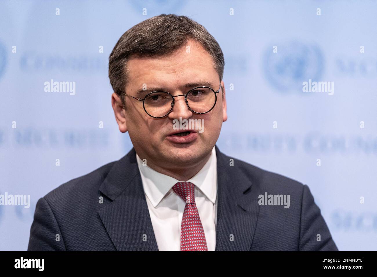 Foreign Minister of Ukraine Dmytro Kuleba speaks to media at Security ...